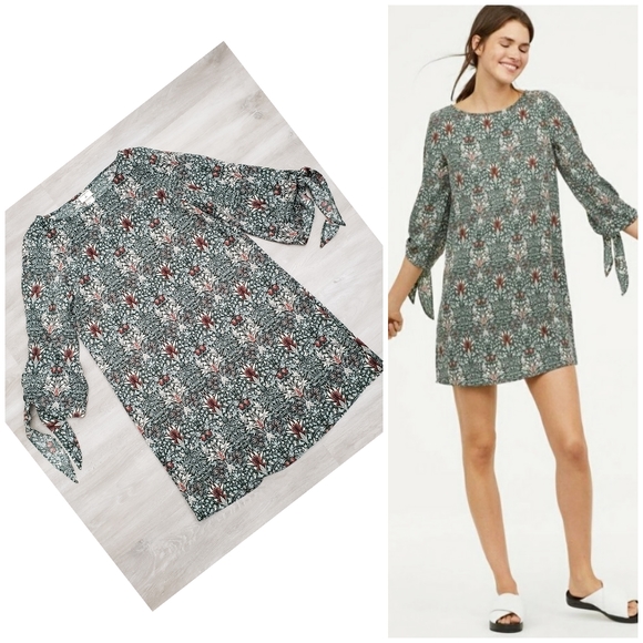 H&M | Dresses | New Hm Morris Co Green Patterned Tiesleeve Shift Mini ...